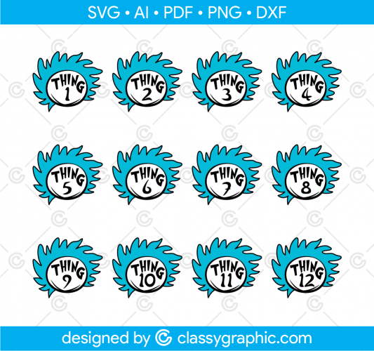 Thing 1, Thing 2, Thing 3, Thing, Dr Seuss Bundle Dxf Png digital cut ...